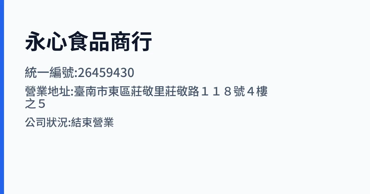 永心食品商行 - 統編 26459430(臺南市) 公司登記資料與營業項目詳細圖表