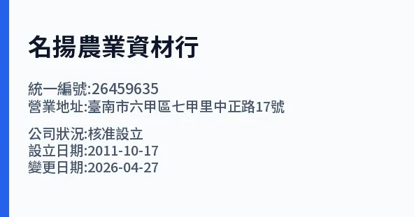 名揚農業資材行的照片-統編 26459635(臺南市) 公司登記資料與營業項目詳細圖表