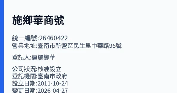 施鄉華商號的照片-統編 26460422(臺南市) 公司登記資料與營業項目詳細圖表