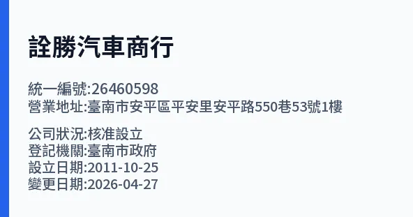 詮勝汽車商行的照片-統編 26460598(臺南市) 公司登記資料與營業項目詳細圖表