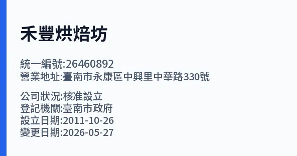 禾豐烘焙坊的照片-統編 26460892(臺南市) 公司登記資料與營業項目詳細圖表