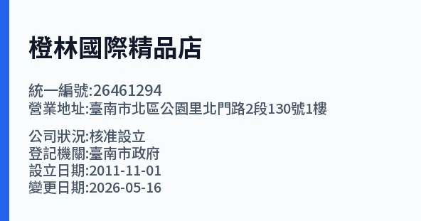 橙林國際精品店的照片-統編 26461294(臺南市) 公司登記資料與營業項目詳細圖表