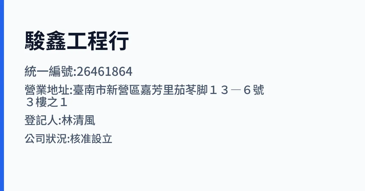 駿鑫工程行 - 統編 26461864(臺南市) 公司登記資料與營業項目詳細圖表