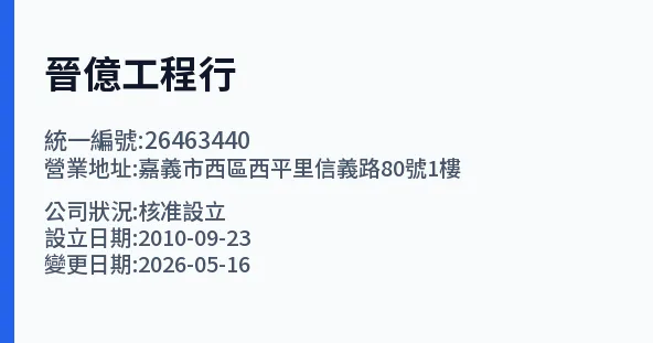 晉億工程行的照片-統編 26463440(嘉義市) 公司登記資料與營業項目詳細圖表