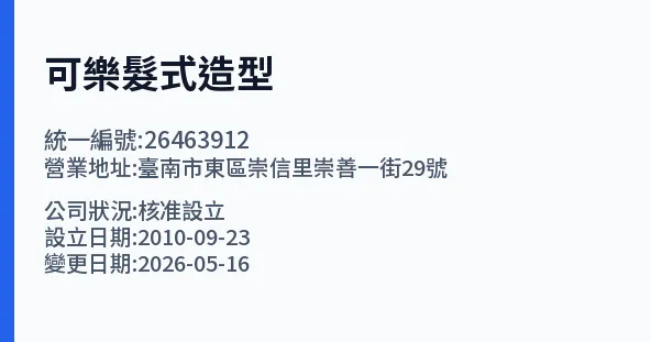 可樂髮式造型的照片-統編 26463912(臺南市) 公司登記資料與營業項目詳細圖表