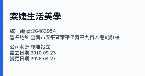 寀婕生活美學的照片-統編 26463954(臺南市) 公司登記資料與營業項目詳細圖表