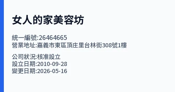 女人的家美容坊的照片-統編 26464665(嘉義市) 公司登記資料與營業項目詳細圖表