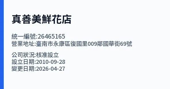 真善美鮮花店的照片-統編 26465165(臺南市) 公司登記資料與營業項目詳細圖表