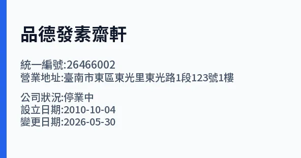 品德發素齋軒的照片-統編 26466002(臺南市) 公司登記資料與營業項目詳細圖表