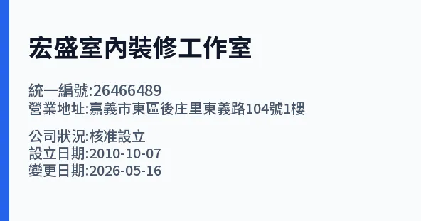 宏盛室內裝修工作室的照片-統編 26466489(嘉義市) 公司登記資料與營業項目詳細圖表