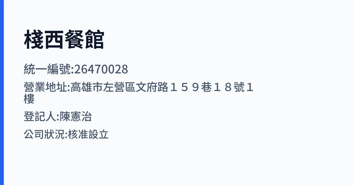 棧西餐館 - 統編 26470028(高雄市) 公司登記資料與營業項目詳細圖表