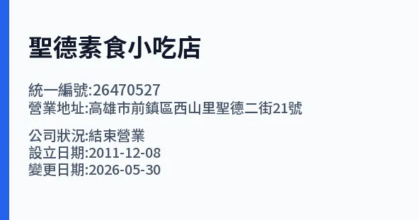 聖德素食小吃店的照片-統編 26470527(高雄市) 公司登記資料與營業項目詳細圖表