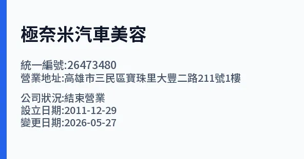 極奈米汽車美容的照片-統編 26473480(高雄市) 公司登記資料與營業項目詳細圖表