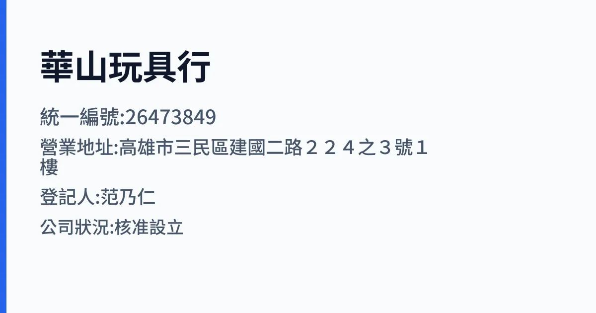 華山玩具行 - 統編 26473849(高雄市) 公司登記資料與營業項目詳細圖表