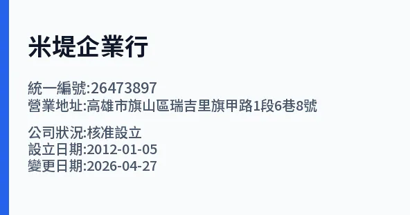 米堤企業行的照片-統編 26473897(高雄市) 公司登記資料與營業項目詳細圖表