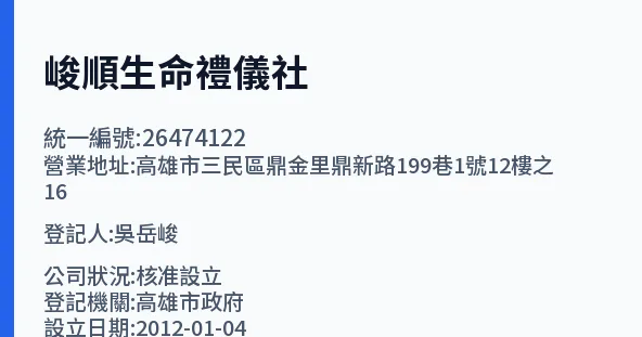 峻順生命禮儀社的照片-統編 26474122(高雄市) 公司登記資料與營業項目詳細圖表