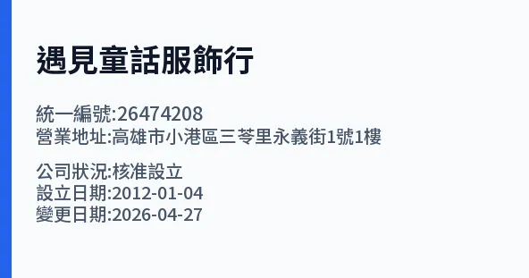 遇見童話服飾行的照片-統編 26474208(高雄市) 公司登記資料與營業項目詳細圖表