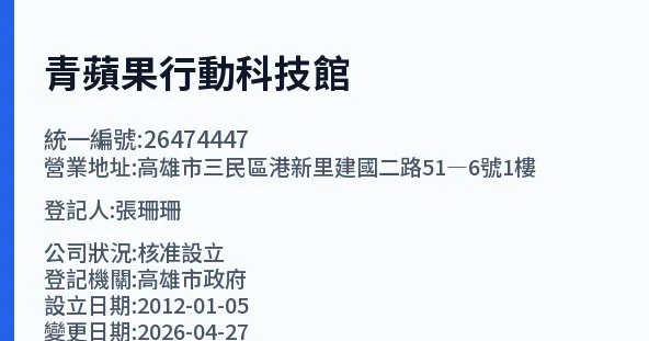 青蘋果行動科技館的照片-統編 26474447(高雄市) 公司登記資料與營業項目詳細圖表