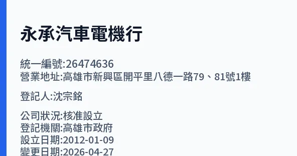 永承汽車電機行的照片-統編 26474636(高雄市) 公司登記資料與營業項目詳細圖表