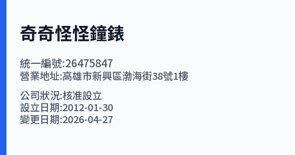 奇奇怪怪鐘錶的照片-統編 26475847(高雄市) 公司登記資料與營業項目詳細圖表
