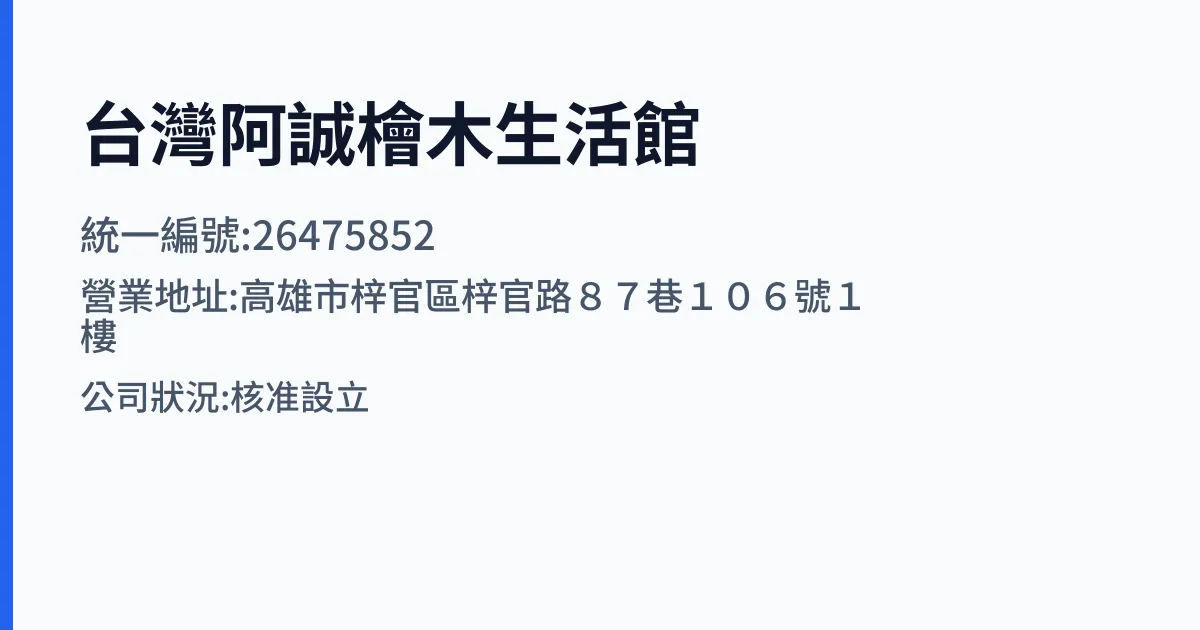 台灣阿誠檜木生活館 - 統編 26475852(高雄市) 公司登記資料與營業項目詳細圖表