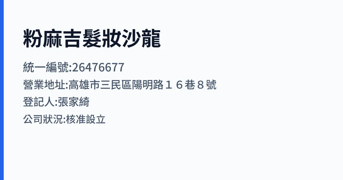 粉麻吉髮妝沙龍 - 統編 26476677(高雄市) 公司登記資料與營業項目詳細圖表