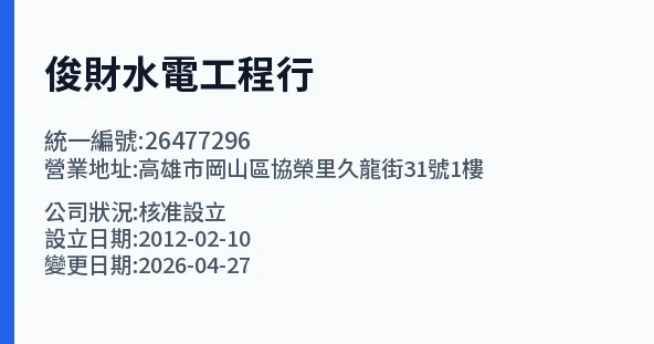 俊財水電工程行的照片-統編 26477296(高雄市) 公司登記資料與營業項目詳細圖表