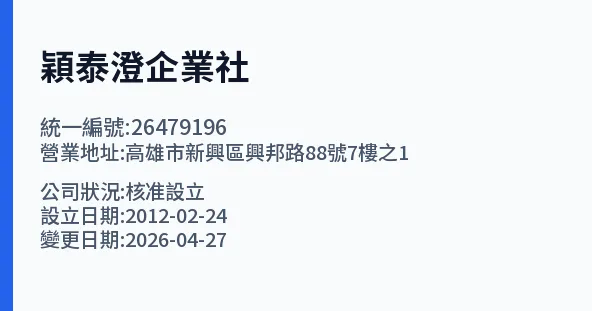 穎泰澄企業社的照片-統編 26479196(高雄市) 公司登記資料與營業項目詳細圖表