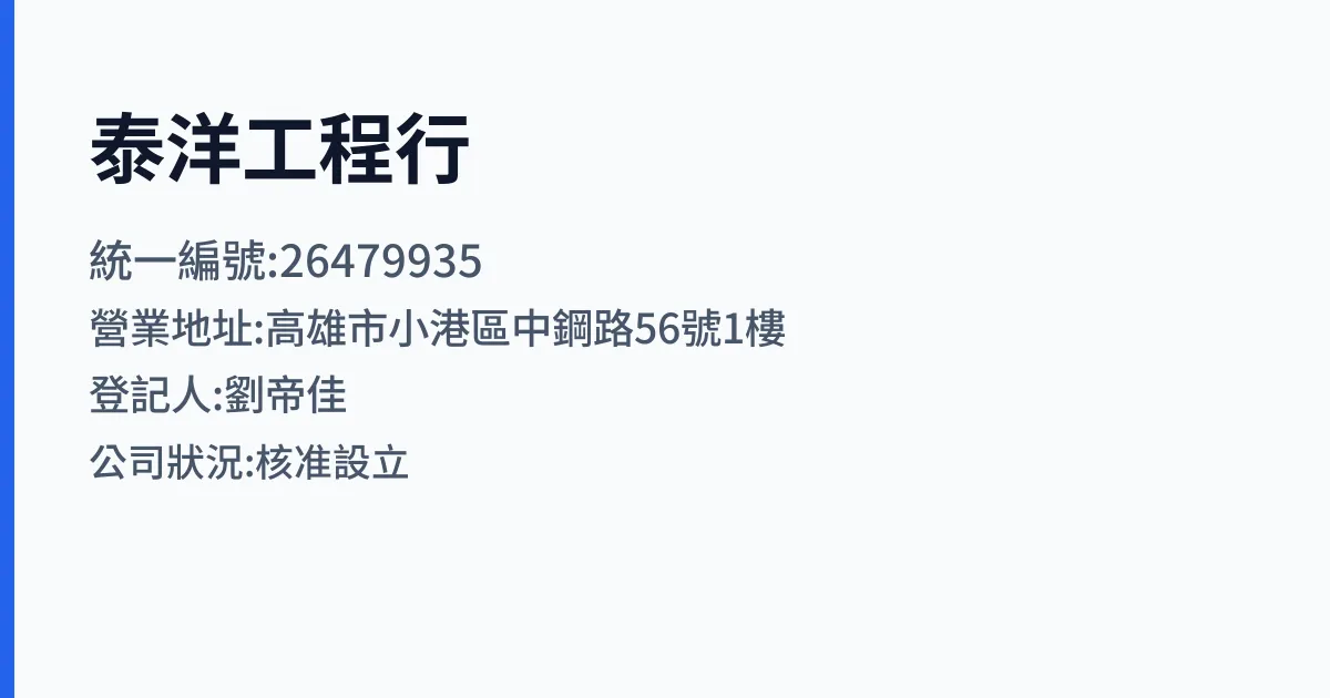 泰洋工程行 - 統編 26479935(高雄市) 公司登記資料與營業項目詳細圖表