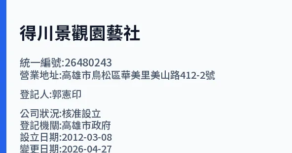 得川景觀園藝社的照片-統編 26480243(高雄市) 公司登記資料與營業項目詳細圖表