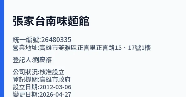 張家台南味麵館的照片-統編 26480335(高雄市) 公司登記資料與營業項目詳細圖表