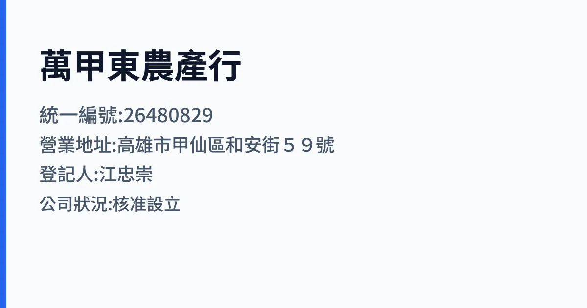 萬甲東農產行 - 統編 26480829(高雄市) 公司登記資料與營業項目詳細圖表