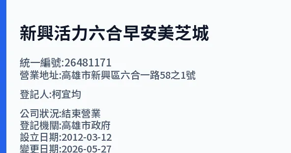 新興活力六合早安美芝城的照片-統編 26481171(高雄市) 公司登記資料與營業項目詳細圖表