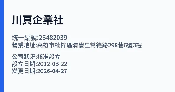 川頁企業社的照片-統編 26482039(高雄市) 公司登記資料與營業項目詳細圖表