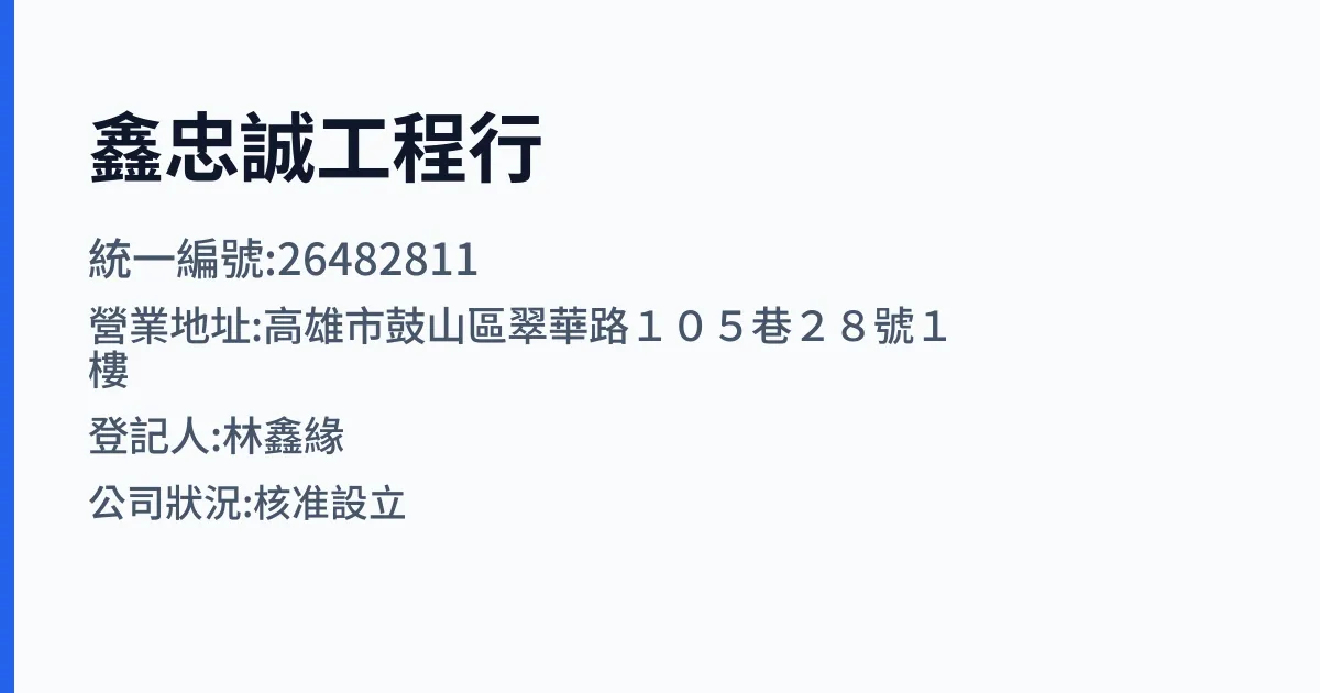 鑫忠誠工程行 - 統編 26482811(高雄市) 公司登記資料與營業項目詳細圖表