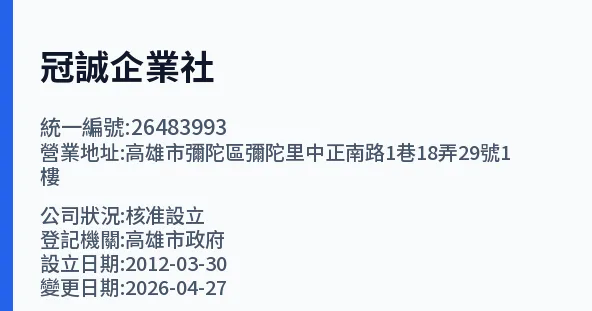 冠誠企業社的照片-統編 26483993(高雄市) 公司登記資料與營業項目詳細圖表