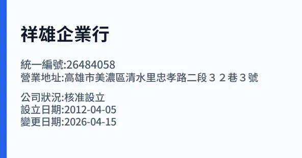 祥雄企業行的照片-統編 26484058(高雄市) 公司登記資料與營業項目詳細圖表