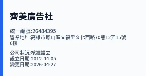 齊美廣告社的照片-統編 26484395(高雄市) 公司登記資料與營業項目詳細圖表