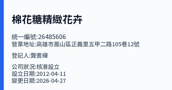 棉花糖精緻花卉的照片-統編 26485606(高雄市) 公司登記資料與營業項目詳細圖表
