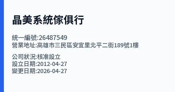 晶美系統傢俱行的照片-統編 26487549(高雄市) 公司登記資料與營業項目詳細圖表