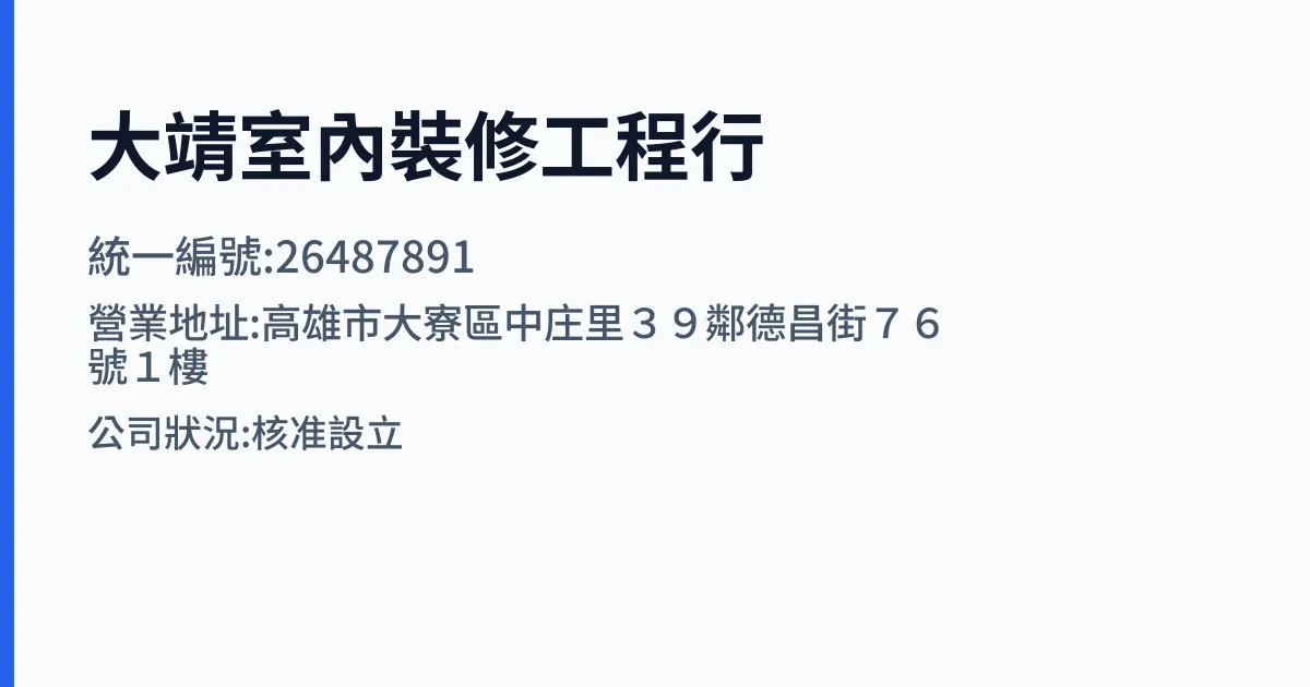 大靖室內裝修工程行 - 統編 26487891(高雄市) 公司登記資料與營業項目詳細圖表