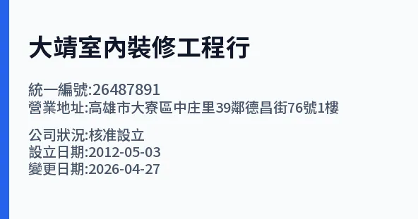 大靖室內裝修工程行的照片-統編 26487891(高雄市) 公司登記資料與營業項目詳細圖表