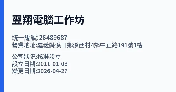 翌翔電腦工作坊的照片-統編 26489687(嘉義縣) 公司登記資料與營業項目詳細圖表