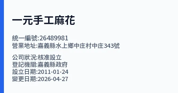 一元手工麻花的照片-統編 26489981(嘉義縣) 公司登記資料與營業項目詳細圖表