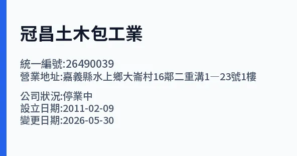 冠昌土木包工業的照片-統編 26490039(嘉義縣) 公司登記資料與營業項目詳細圖表