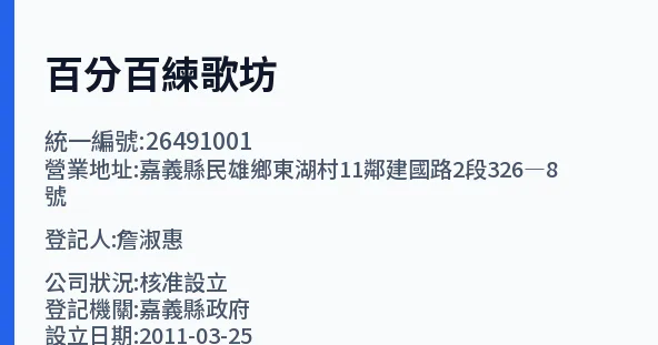百分百練歌坊的照片-統編 26491001(嘉義縣) 公司登記資料與營業項目詳細圖表
