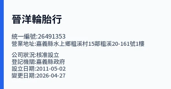 晉洋輪胎行的照片-統編 26491353(嘉義縣) 公司登記資料與營業項目詳細圖表