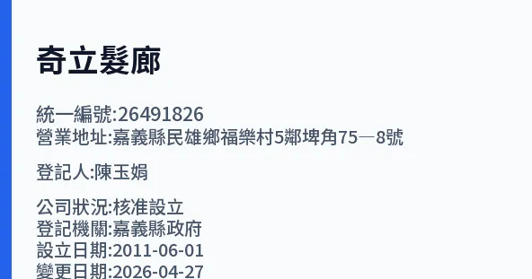 奇立髮廊的照片-統編 26491826(嘉義縣) 公司登記資料與營業項目詳細圖表