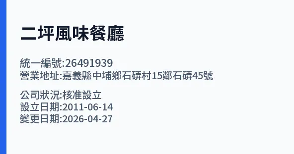 二坪風味餐廳的照片-統編 26491939(嘉義縣) 公司登記資料與營業項目詳細圖表