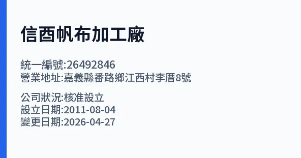 信酉帆布加工廠的照片-統編 26492846(嘉義縣) 公司登記資料與營業項目詳細圖表